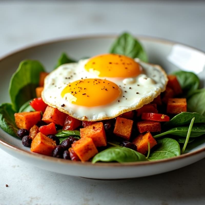 Sweet Potato Hash with Crispy Eggs and Fresh Spinach