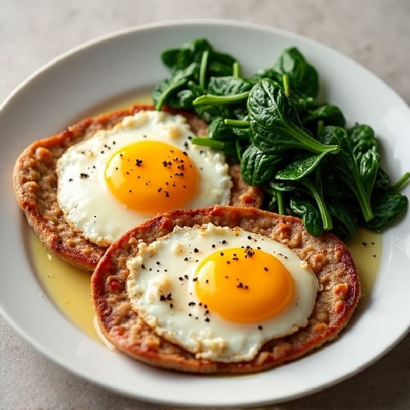 Baked Eggs with Lean Turkey Sausage and Sautéed Spinach