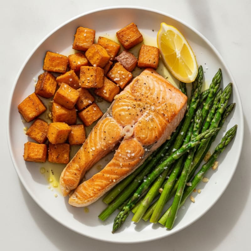 Seared Salmon with Roasted Sweet Potatoes and Asparagus