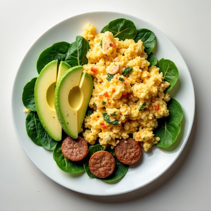 Egg White Scramble with Chicken Sausage and Spinach