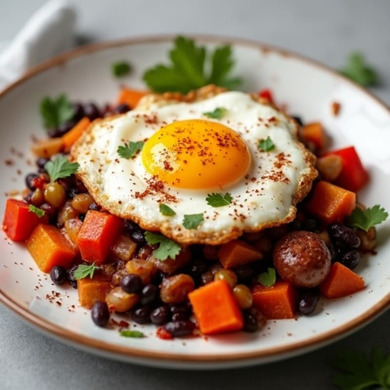 Spicy Black Bean and Sweet Potato Hash with Molten Egg