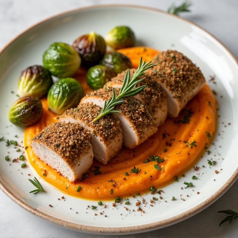 Herb-Crusted Pork Tenderloin with Creamy Sweet Potato Puree and Crispy ...