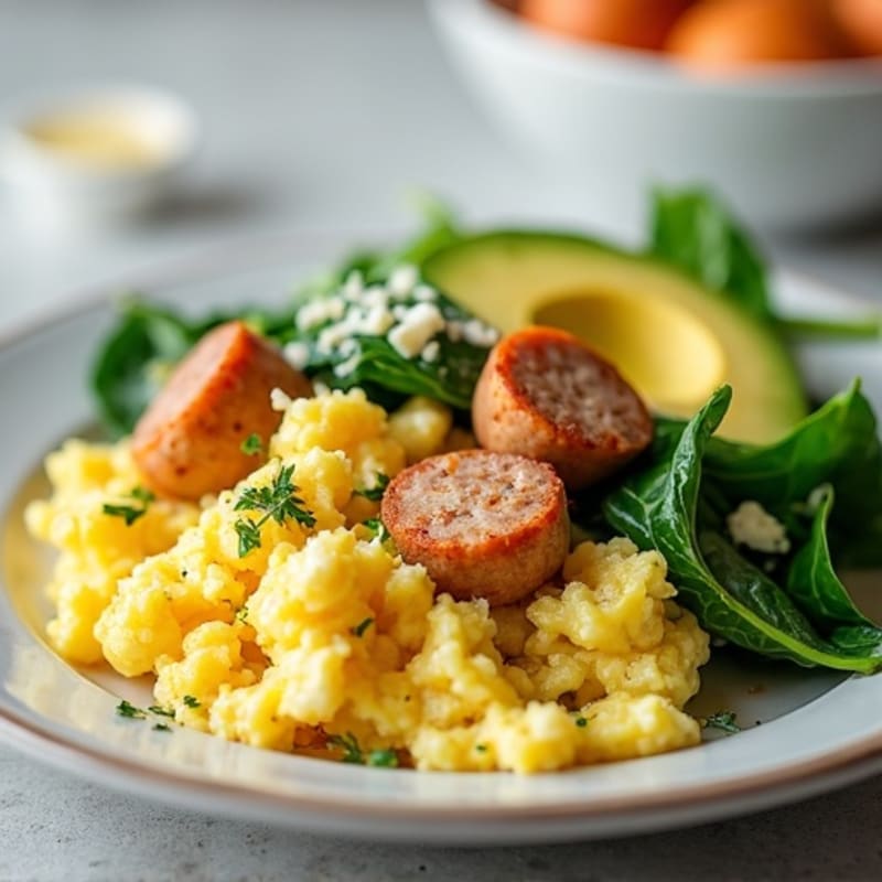 Egg White Scramble with Chicken Sausage and Spinach