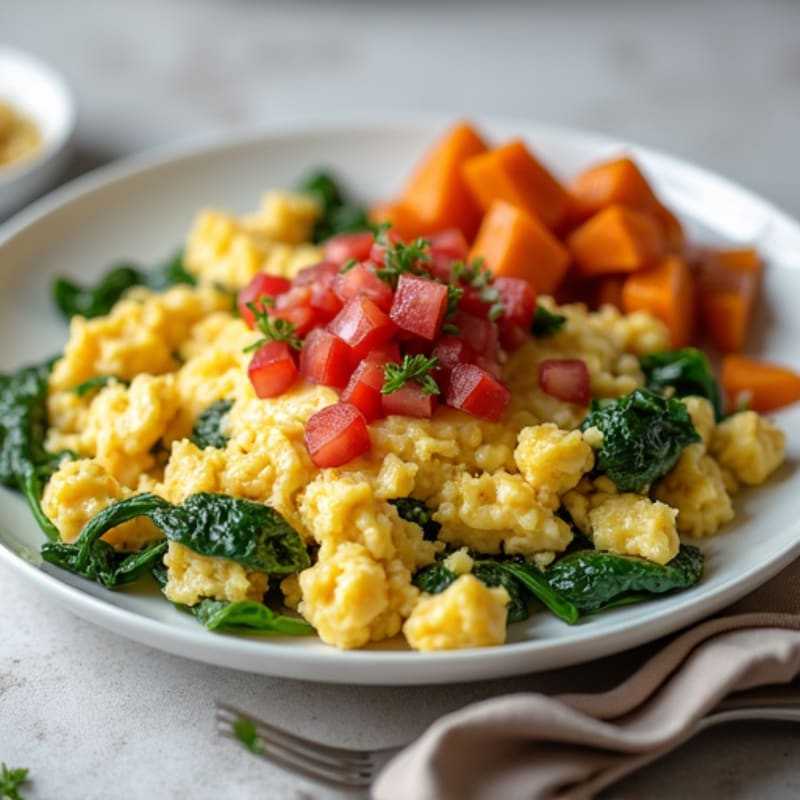 Egg White and Chicken Scramble with Sautéed Spinach & Roasted Yams with ...