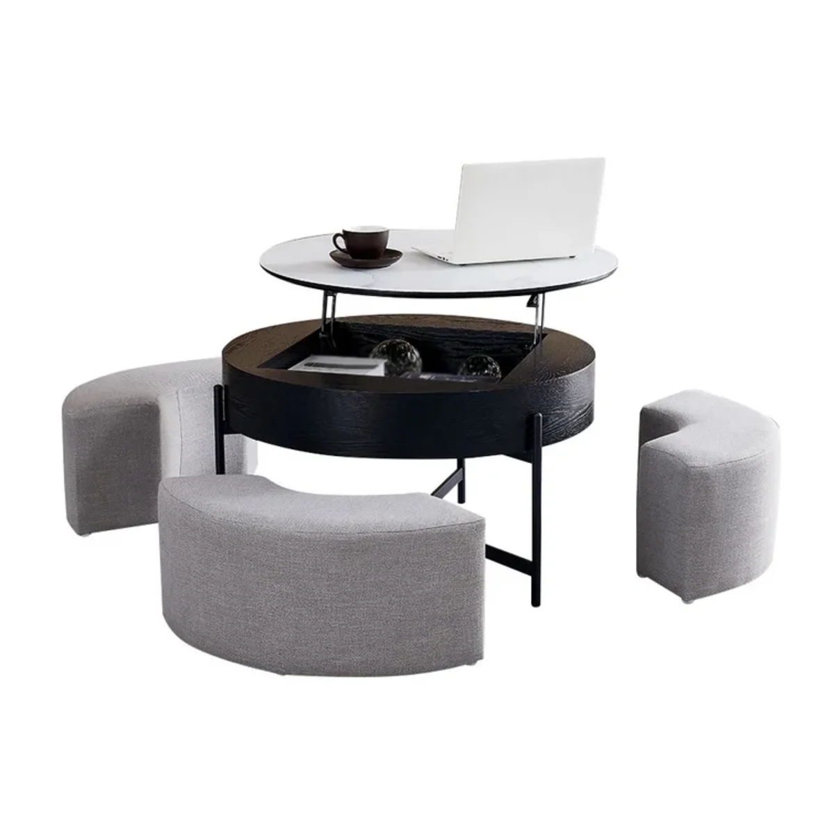 Round Lift-Top Coffee Table With Storage White & Black Without Stools | Spacejoy