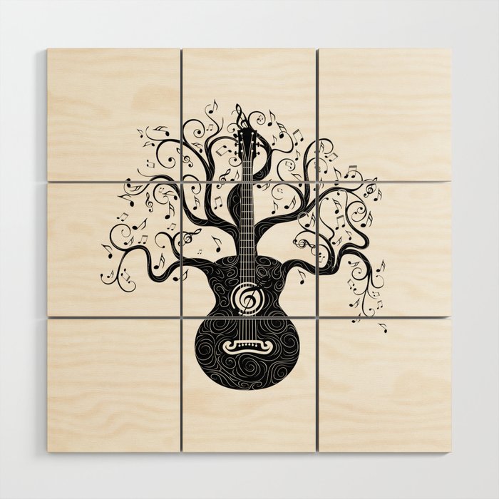 GUITAR SILHOUETTE WITH TREE BRANCHES AND MUSIC NOTES WOOD WALL ART