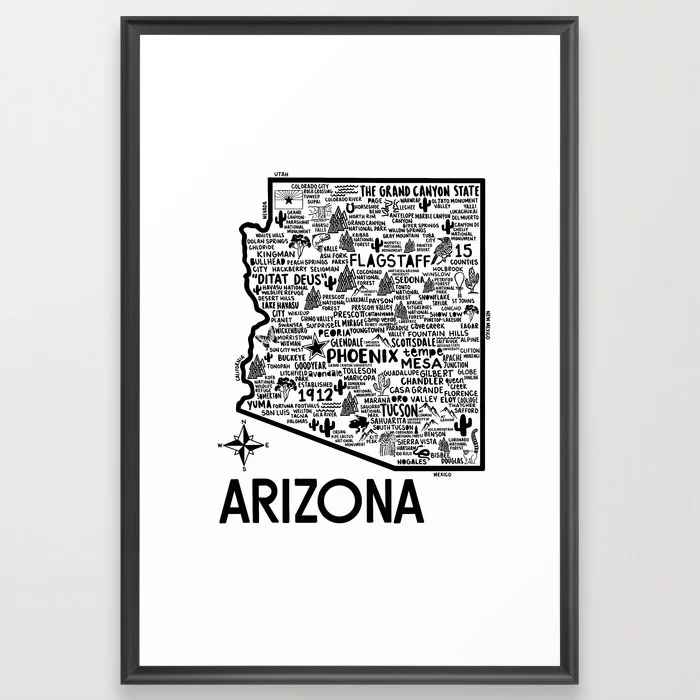 Arizona Map Art Print with Frame-24"x36"