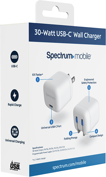 Spectrum 30W USB-C Wall Charger in White | Spectrum Mobile