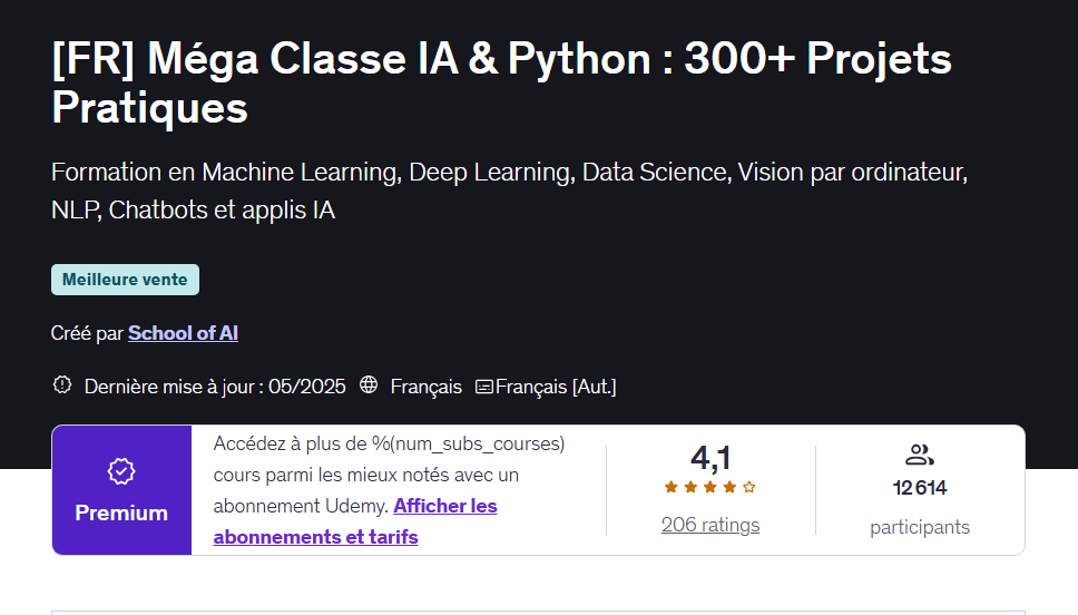 Cours en Méga Classe IA & Python : 300+ Projets Pratiques à 11,07€