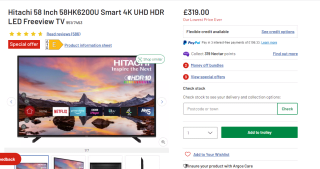 Hitachi Smart 4K UHD HDR LED TV for £319 at Argos