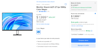Monitor Xiaomi 27" IPS FHD A27i por $1,999 en Mercado Libre