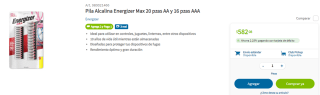 Pilas Energizer 20 pza AA y 16 pza AAA al 2x1 en Sam's Club
