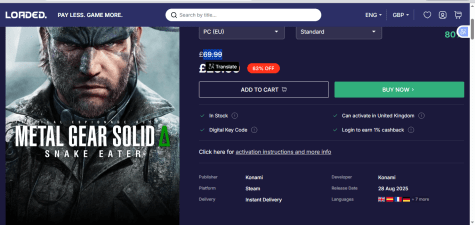 Metal Gear Solid Delta Snake Eater PC Steam Key Deal