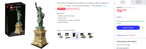 LEGO® Architecture 21042 La Statue de la Liberté à 74,99€