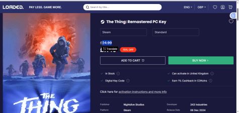 The Thing Remastered PC Steam Key for £7.49 Deal