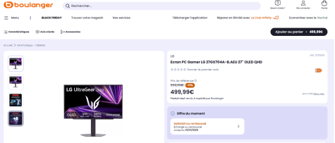 Ecran PC Gamer LG 27GX704A-B.AEU 27'' OLED QHD à 499,99€