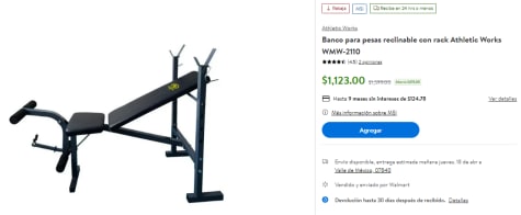 Banco para Pesas Reclinable con Rack Athletic Works por $1,123 en Walmart