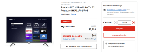 Pantalla LED HKPro Roku TV 32´´ por $2299 en Elektra