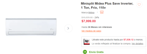 Minisplit Midea Plus Save Inverter 1 Ton por $6,799 en Linio