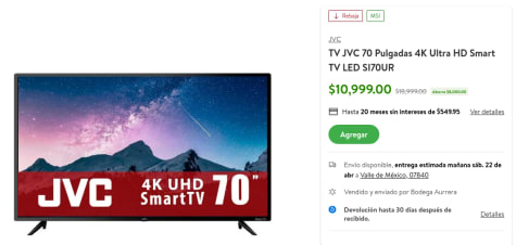 TV JVC 70 Pulgadas 4K Ultra HD a $10,999 en Bodega Aurrera