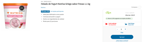 Helado de Yogurt Nutrisa Griego Fresas 1.1Kg por $70 en Sam's Club