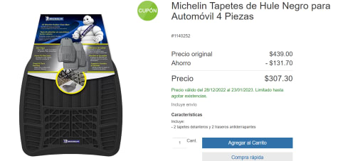 4 de Tapetes para Automóvil a $307 en Costco