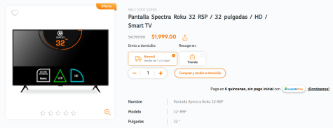 Pantalla Spectra Roku 32" RSP HD a $1,999 en RadioShack