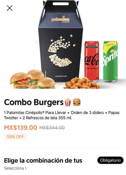 Combo Burgers Cinépolis VIP a $139 en DiDi Food