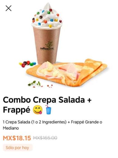 Combo de Crepa y Frappe a $18 en Coffee Tree en DiDi Food