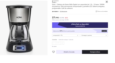 Cafetera de Goteo Solac CF4031 Stillo Digital , 1000 W, 14 Cups, Acero ...