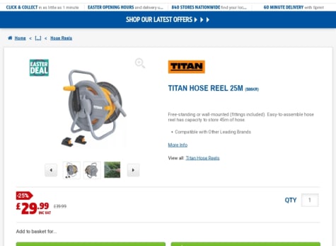 TITAN HOSE REEL 25M for £29.99 collection at Screwfix