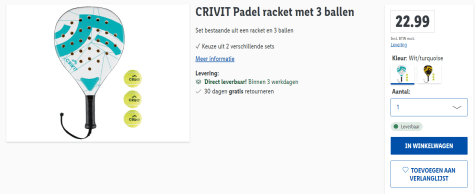 CRIVIT Padel racket met 3 ballen voor €22,50 bij Lidl