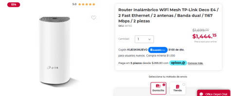 Router Inalámbrico WiFi Mesh TP-Link Deco E4 x 2 por $1,444.15 en ...