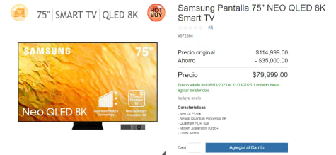 Samsung Pantalla 75" NEO QLED 8K a $79,999 en Costco