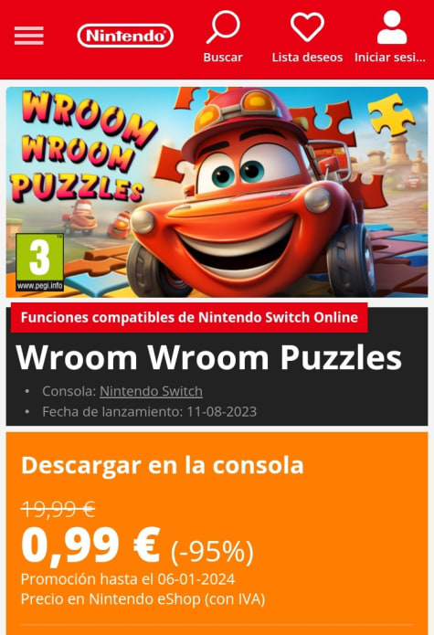 Wroom Wroom Puzzles Nintendo Switch por 0,99€.
