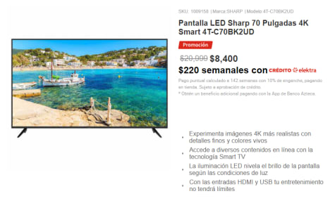 Smart TV LED Sharp 70" 4K 4T-C70BK2UD por $8,400 en Elektra