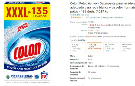 Detergente para lavadora, Colon Polvo Activo. 135 dosis - por 12,99€