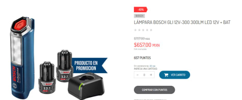Lámpara Bosch GLI 12V-300 300LM LED 12V por $657.00 en Ferrepat