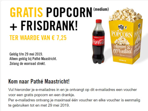 Gratis popcorn en drinken Pathé Maastricht dmv voucher