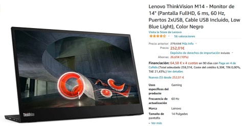 Lenovo ThinkVision M14 - Monitor de 14" (Pantalla FullHD, 6 ms, 60 Hz ...