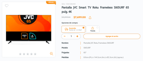 Smart TV JVC Frameless SI65URF 65" 4K por $7,699 en RadioShack
