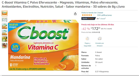 Polvo efervecente C-Boost Vitamina C 30 sobres por $173