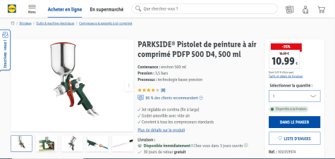 Pistolet de peinture à air comprimé Parkside PDFP 500 D4 - 500 ml à 10,99€