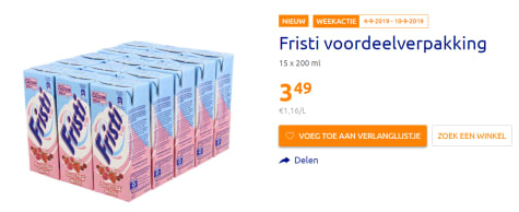 Fristi voordeelverpakking 15 pakjes van 200 ml voor €3,49