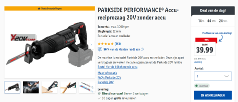 PARKSIDE PERFORMANCE® Accu-reciprozaag 20V zonder accu voor €39,99 i de ...