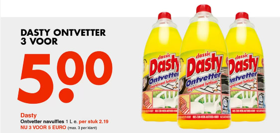 Dasty ontvetter navulfles 1 lt, 3 voor €5 🛍️ [Wibra] » €5