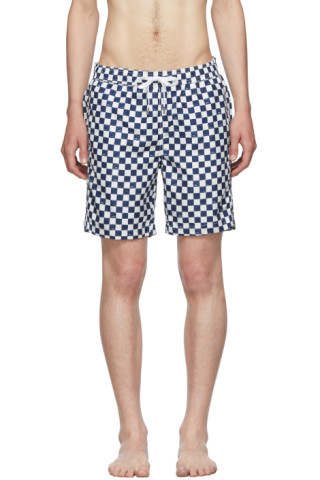 Onia: Blue Hand Drawn Checker The Charles 7 Swim Shorts | SSENSE UK