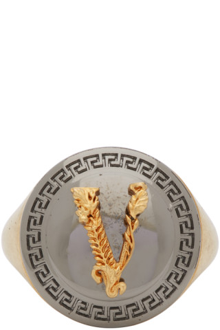 Versace: Gold & Black Virtus Ring | SSENSE