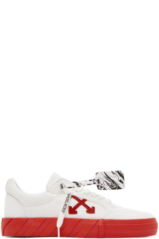 Off-White: White & Red Suede Vulcanized Low Sneakers | SSENSE