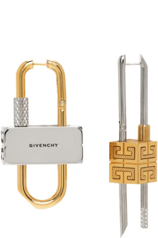 Givenchy: Gold & Silver Lock Asymmetrical Earrings | SSENSE